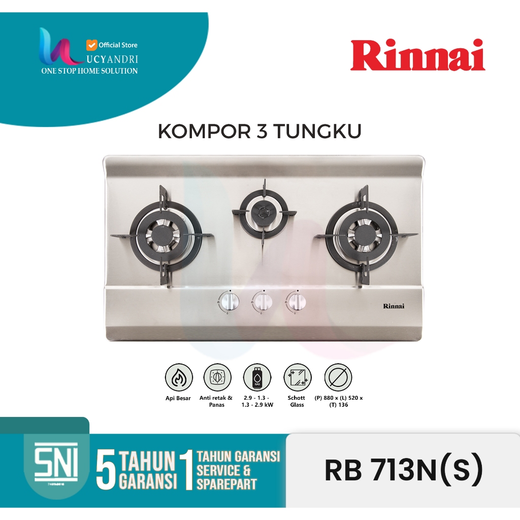 Jual Kompor Gas Tanam 3 Tungku (Stainless) Rinnai RB-713N (S) / RB713NS ORI | Shopee Indonesia