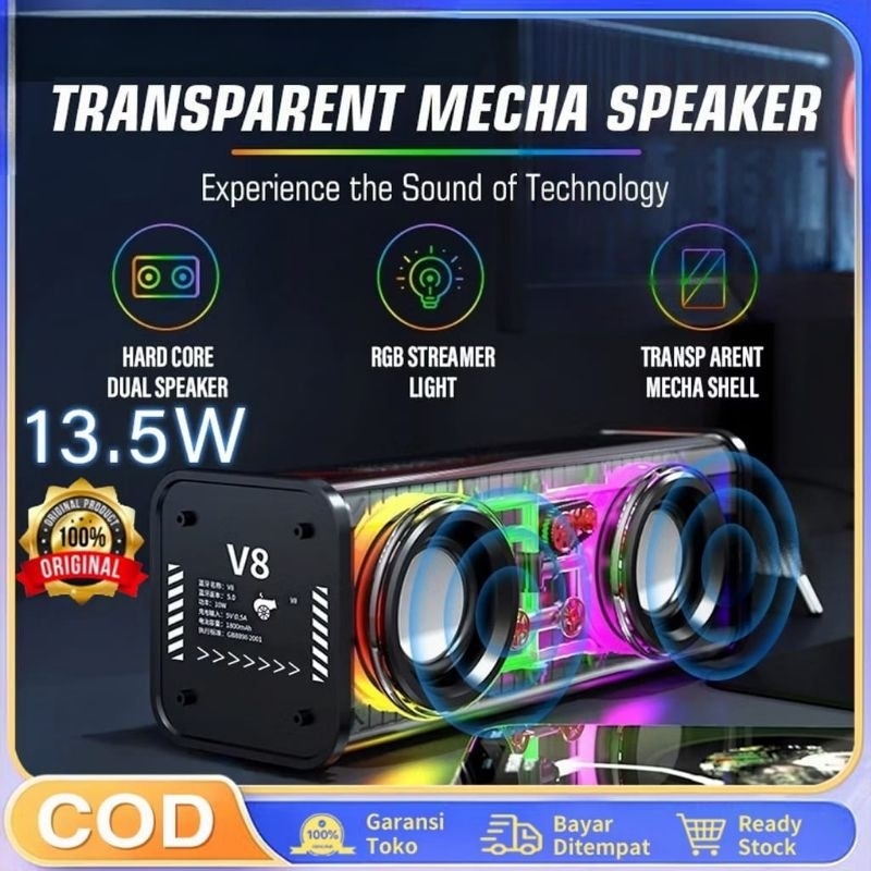 Jual Speaker Bluetooth Fleco V8 Transparent RGB Light Music Armour Dual ...