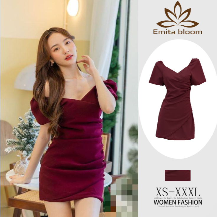 Jual EMITA BLOOM dress elegant red dress plus size korean bodycon baju ...