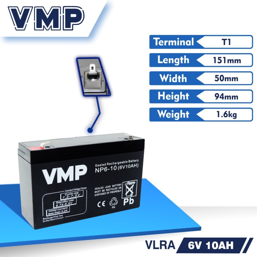 Jual Baterai VMP 6V 10AH 20Hr Battery Aki AGM VRLA. Original Garansi Packing Aman Kirim Seluruh ...