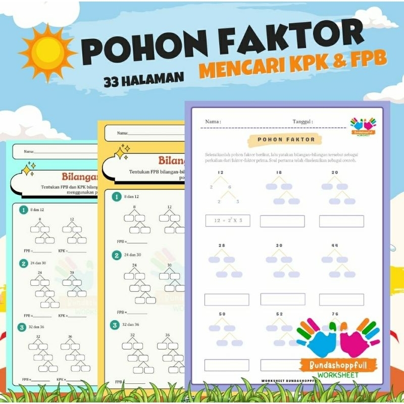 Jual Worksheet Matematika SD Pohon Faktor KPK FPB perkalian 33 halaman ...