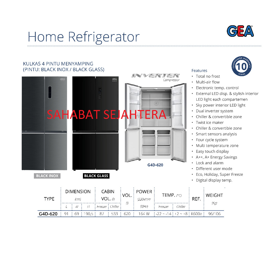 Jual GEA Home Refrigator G4D-620 Kulkas 4 Pintu Side By Side Black ...