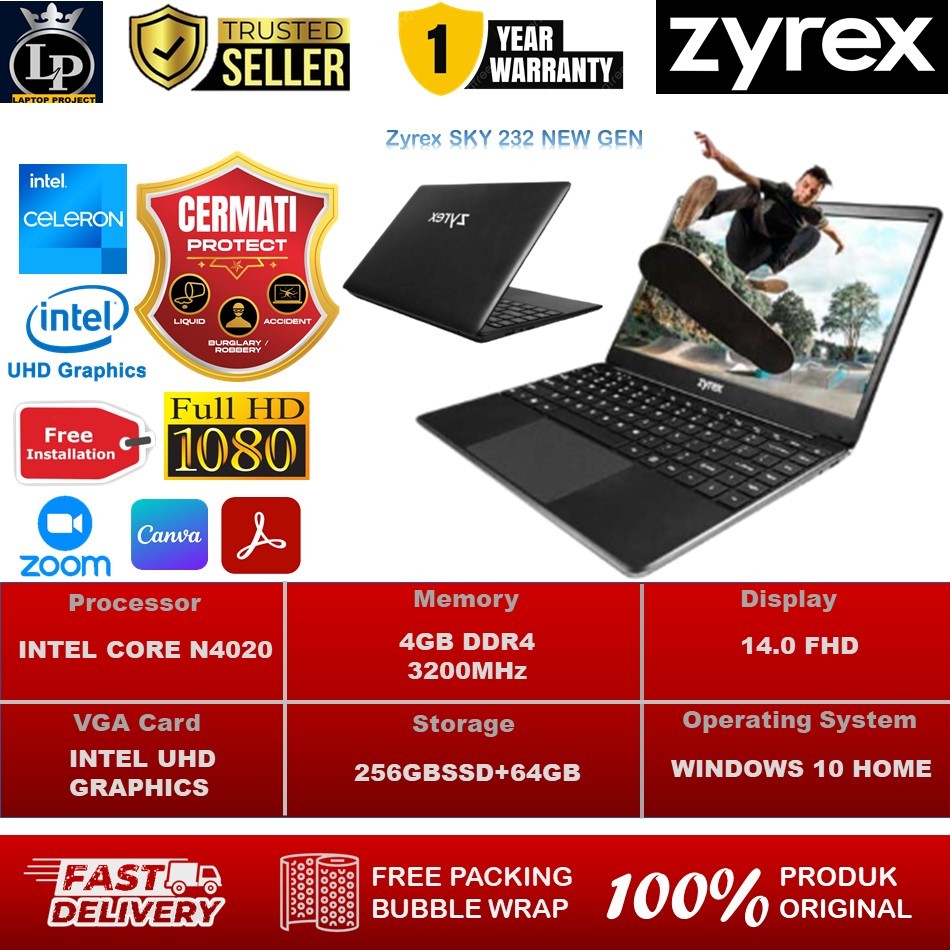 Jual Laptop Zyrex SKY 232 NEW GEN N4020 4Gb 256GB+64GB W10 14.0fhd ...