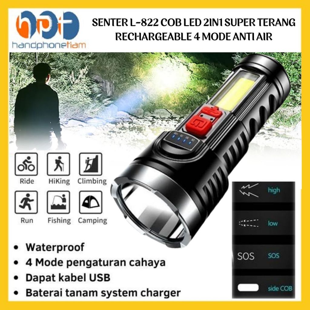 Jual Senter L-822 COB LED 2in1 Super Terang COB Light 4 Mode Senter LED ...