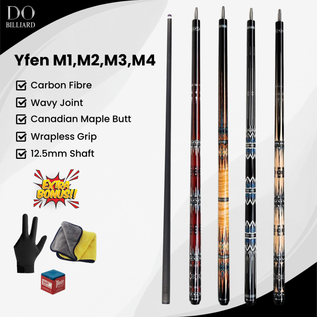 Jual Stick Billiard YFEN M1 M2 M3 M4 Carbon Cue Wrapless Grip Low ...