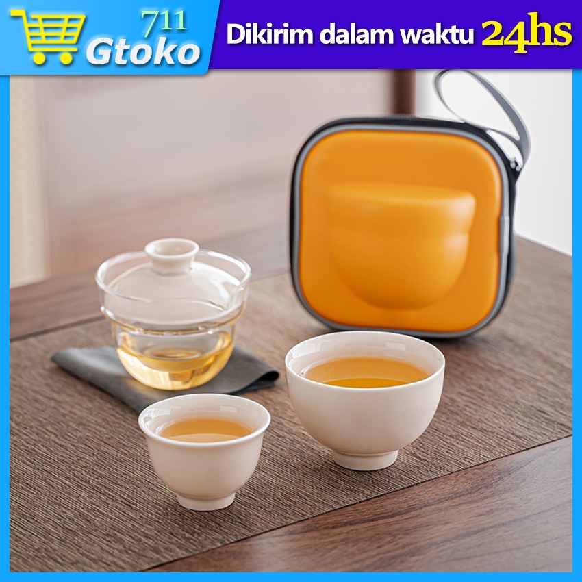 Jual 3 in 1 Chinese Tea Pot Ceramic Set Travel Portable Tas Teapot ...