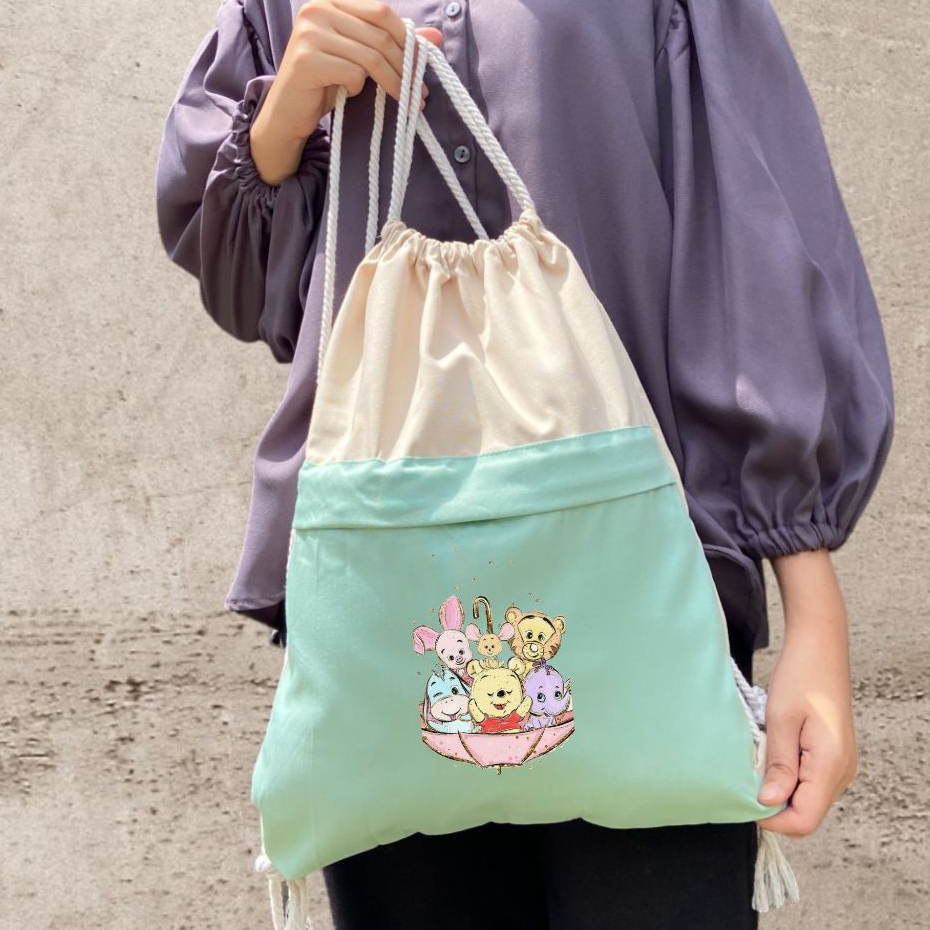 Jual Stringbag Naomi motif Winniee Payung the pooh piglett tas ransel serut drawstring bag cute ...