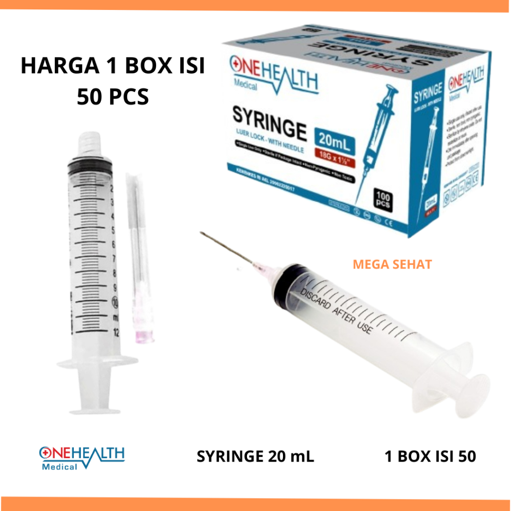 Jual Jarum Onehealth 20 ML Suntikan Spuit 20 cc Medis Syringe 1 Box isi ...