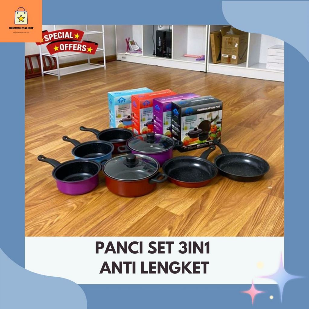 Jual Panci Set 3 IN 1 Anti Lengket Panci Isi 3 Tutup Kaca Panci Set Pot Cookware Set Masak ...