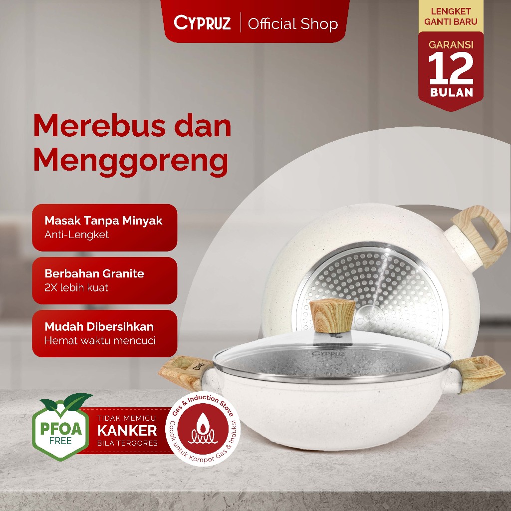 Jual Cypruz Wajan Kuali Tebal Anti Lengket Wok Pan White Granite Series Dengan Tutup | Shopee ...