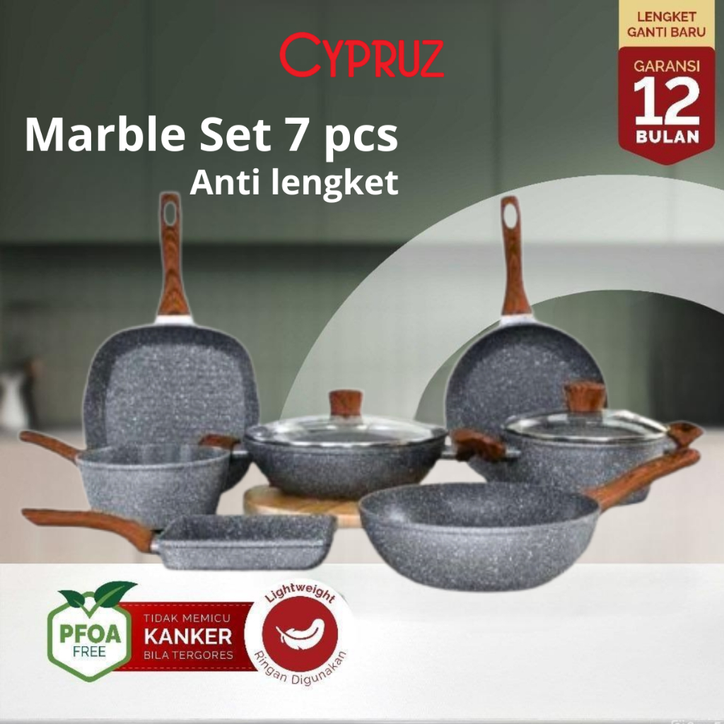 Jual Cypruz Cookware Set 7 Pcs Grey Marble Wajan Penggorengan Panci Teflon Anti Lengket Paket B ...