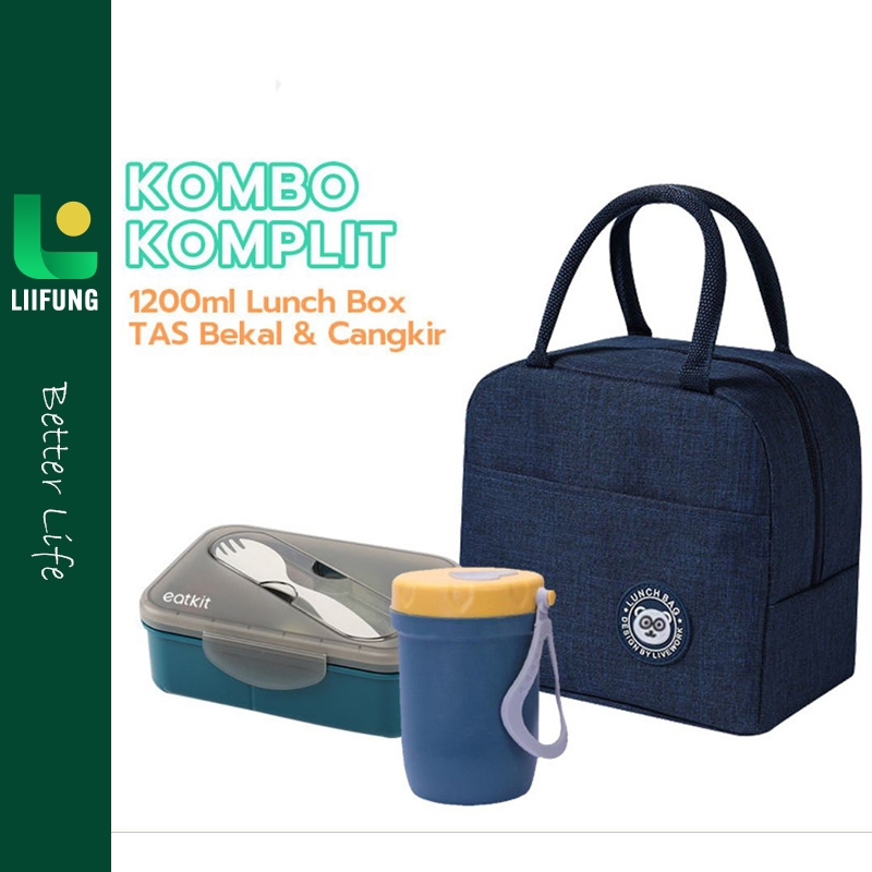 Jual LiiFung 3in1 Kotak Makan Set Lunch Box Set 900ml Tas Bekal Tempat Soup Kuah Wheatstraw Anti ...