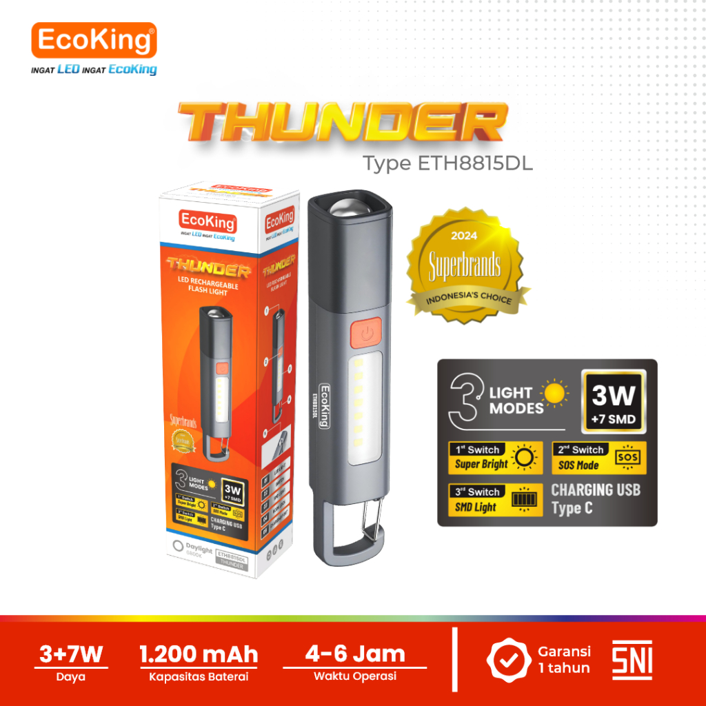 Jual EcoKing LED Thunder Flash Light Lampu Senter 3W + 7SMD Light ...