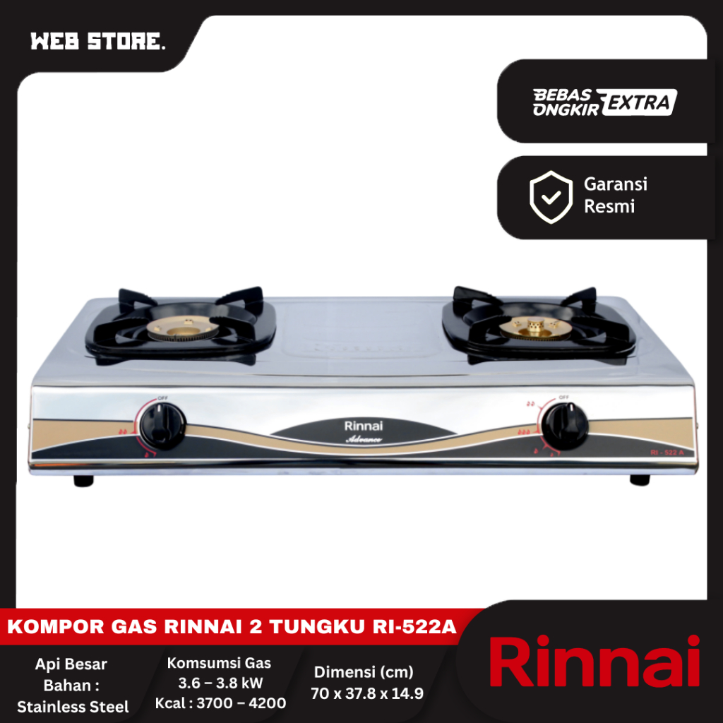 Jual Kompor Gas RINNAI 2 Tungku RI-522 A RI522A Silver Stainless Steel | Shopee Indonesia