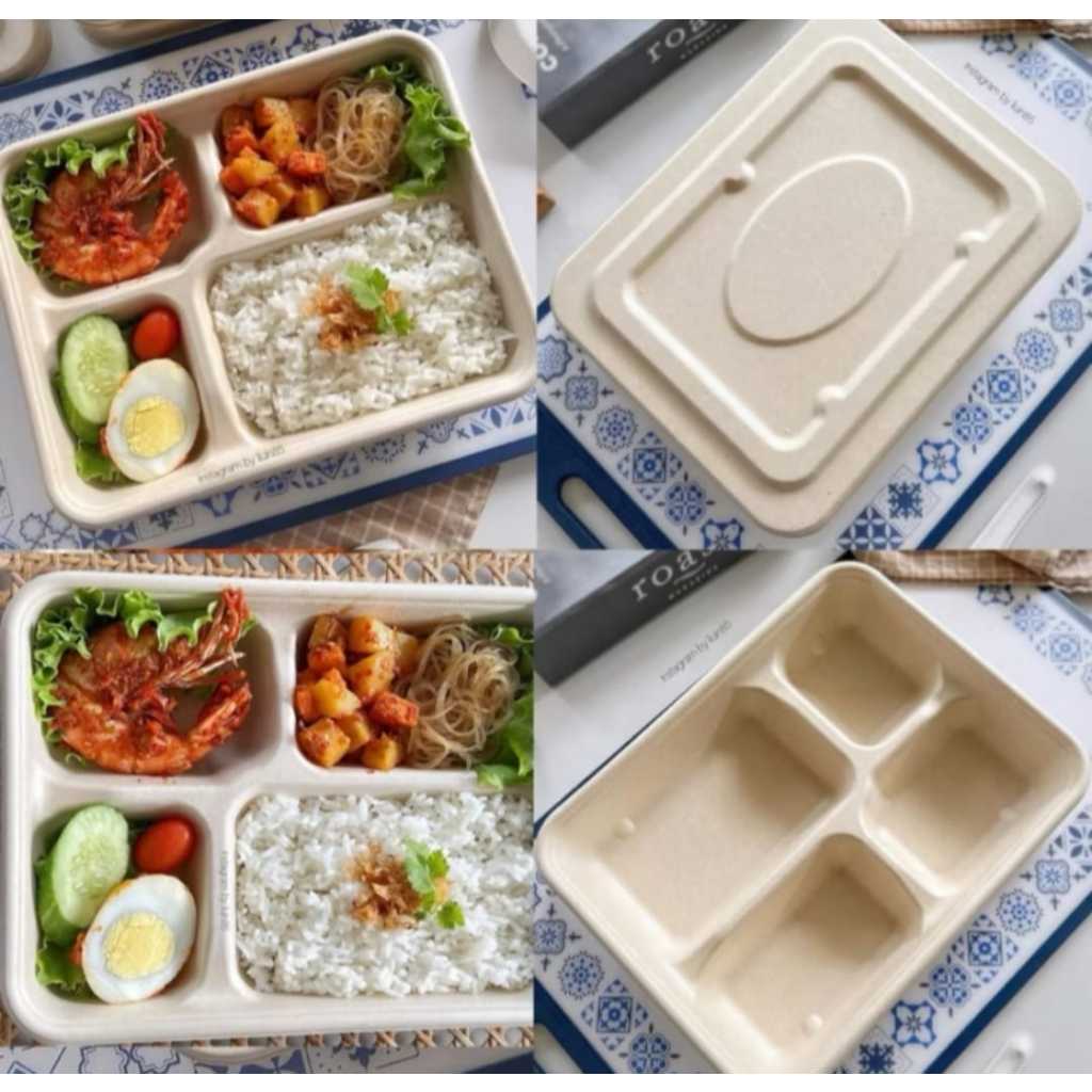 Jual Bagasse Bento Lunch Box Dus Box Catering Katering 4 Sekat isi 10 PCS | Shopee Indonesia