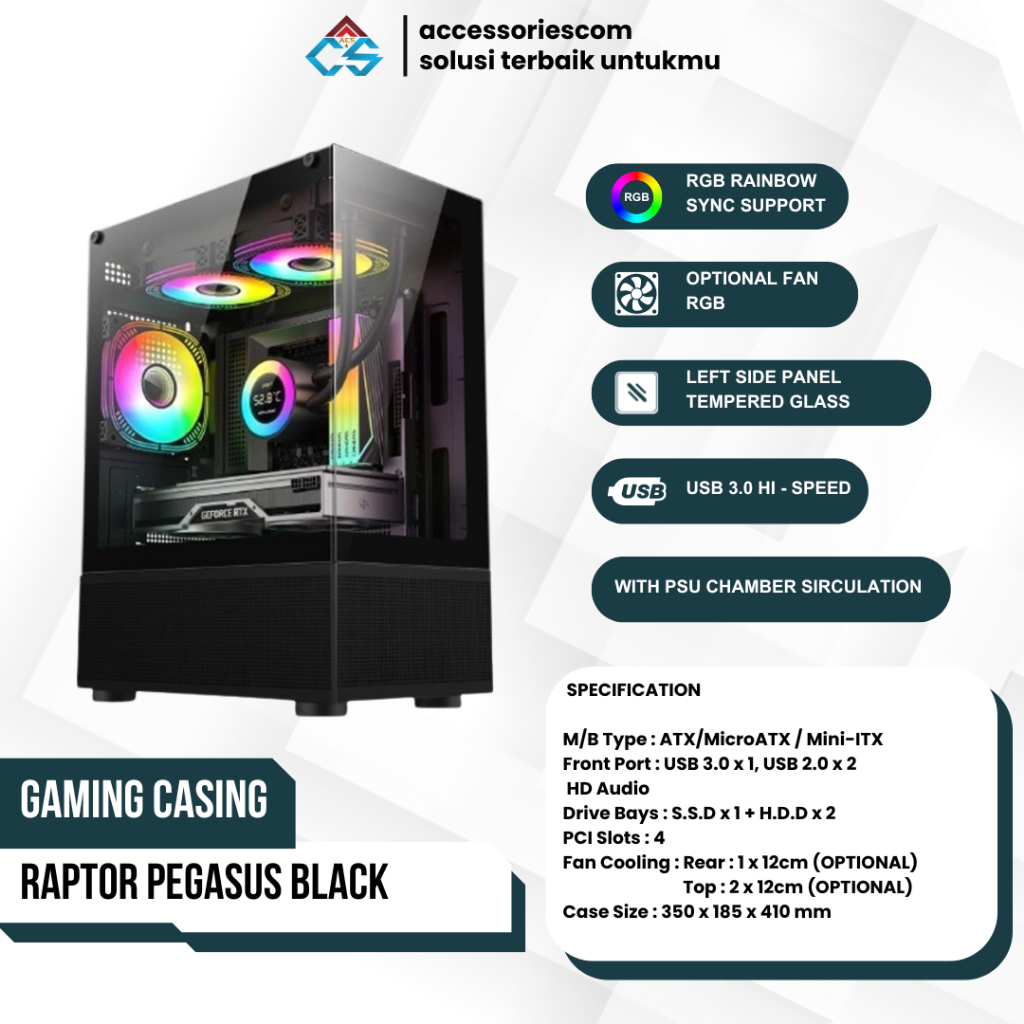 Jual Casing Gaming RAPTOR Pegasus Black ATX/M-ATX/ITX + Port USB 3.0 ...