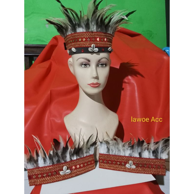 Jual mahkota Papua bulu lurik list merah satu set beserta lengannya ...