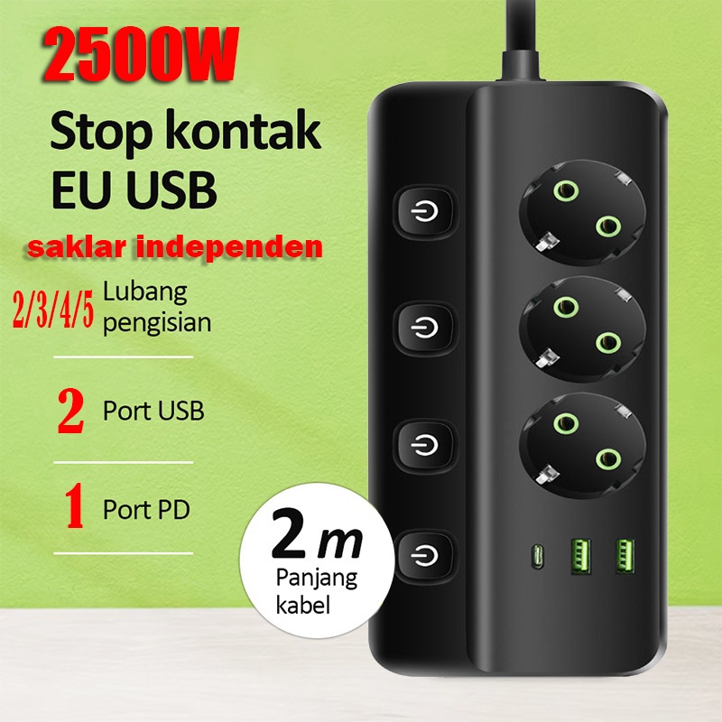 Jual 2500W Stop Kontak USB Kabel Serbaguna Multiguna Panjang 2/3/5 Meter Original Power Socket 2 ...