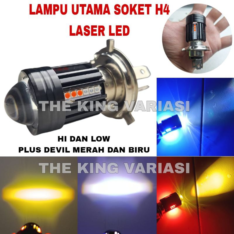 Jual LAMPU UTAMA SOKET H4 LASER LED PLUS SENJA DEVIL MERAH BIRU / LAMPU DEPAN H4 LASER LED DEVIL ...