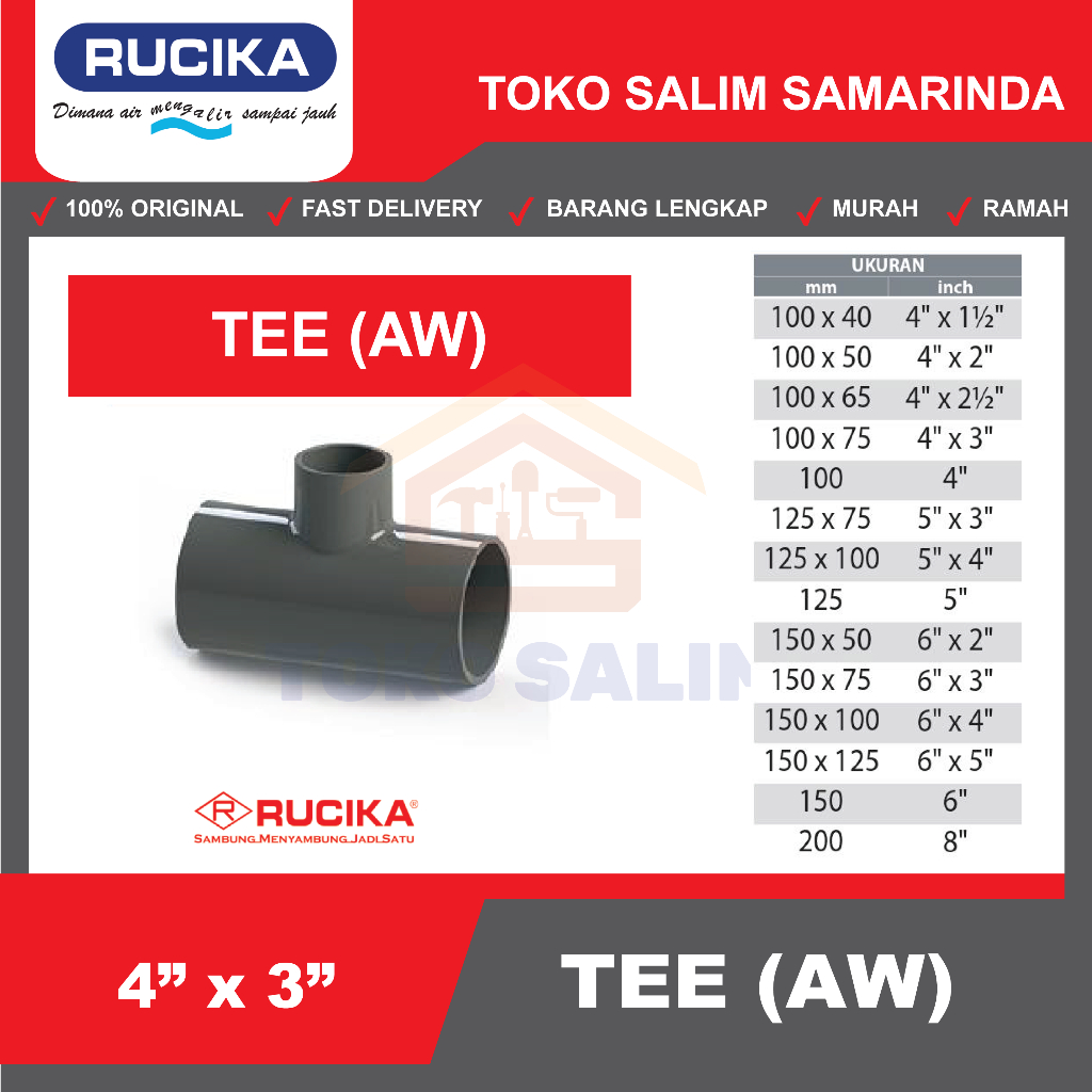Jual Tee / T 4 x 3" AW JIS RUCIKA TEE 4 x 3 | Shopee Indonesia