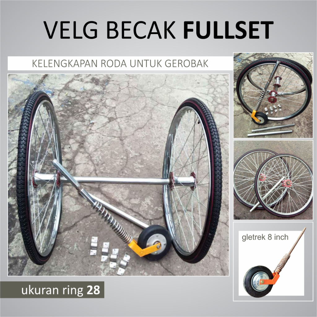 Jual Roda gerobak FULLSET / sepasang velg becak + gletrek 8 inch ...