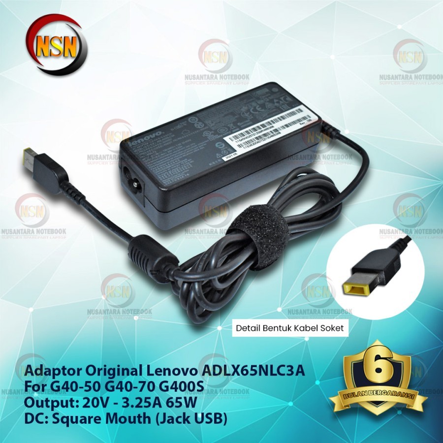 Jual Adaptor Charger Laptop Lenovo 20V - 3.25A 65W DC Square Mouth ...