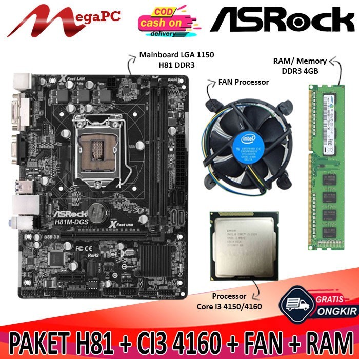 Jual Paket Mainboard 1150 H81 DDR3 + Core i3 4150 + FAN + RAM 4GB | Shopee Indonesia