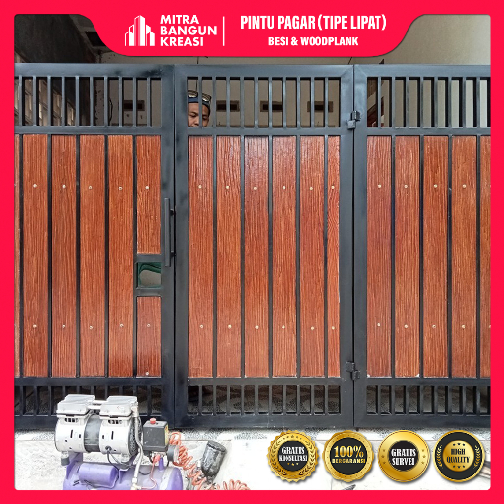 Jual Pintu Pagar Lipat Besi Hollow Galvanis Kombinasi Woodplank Modern ...
