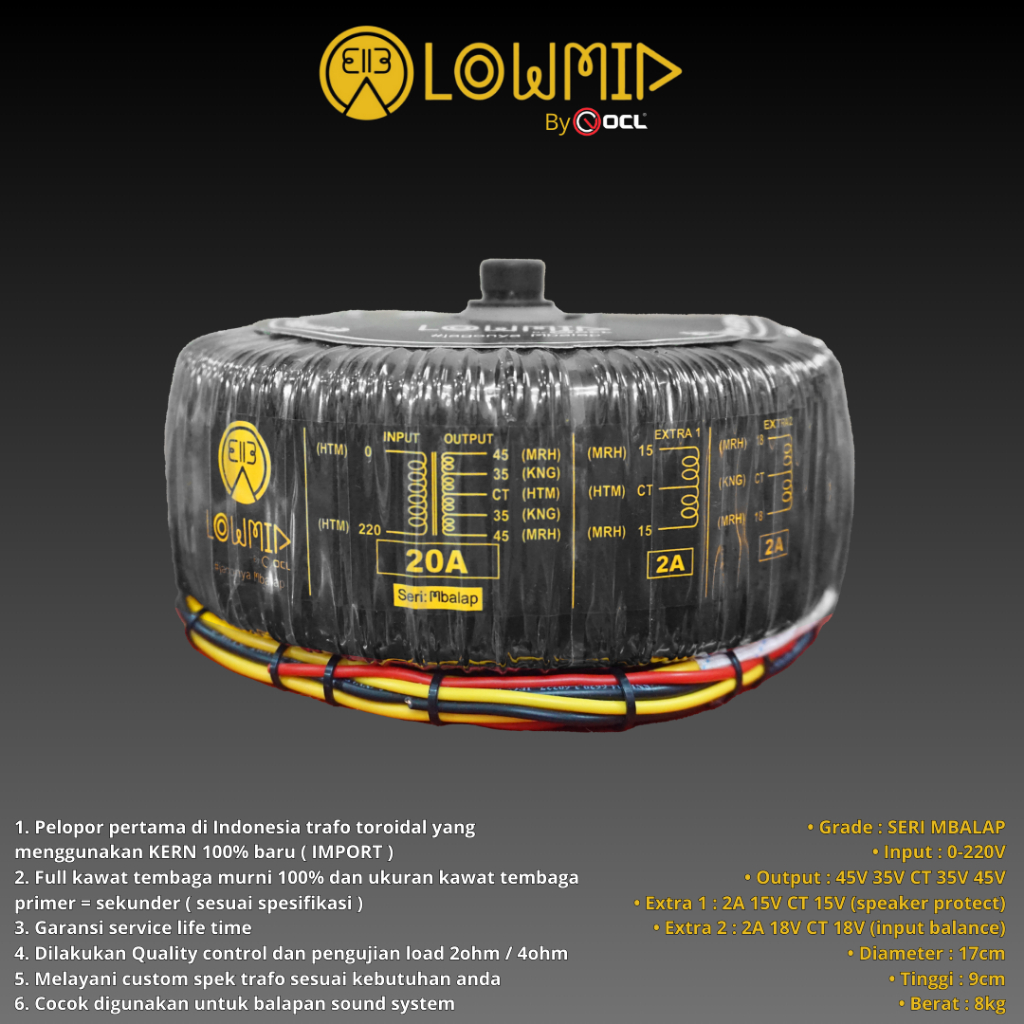 Jual Trafo toroid donat merek LOWMID BALAP 20A CT 45V 55V 65V 75V 90V 110V | Shopee Indonesia