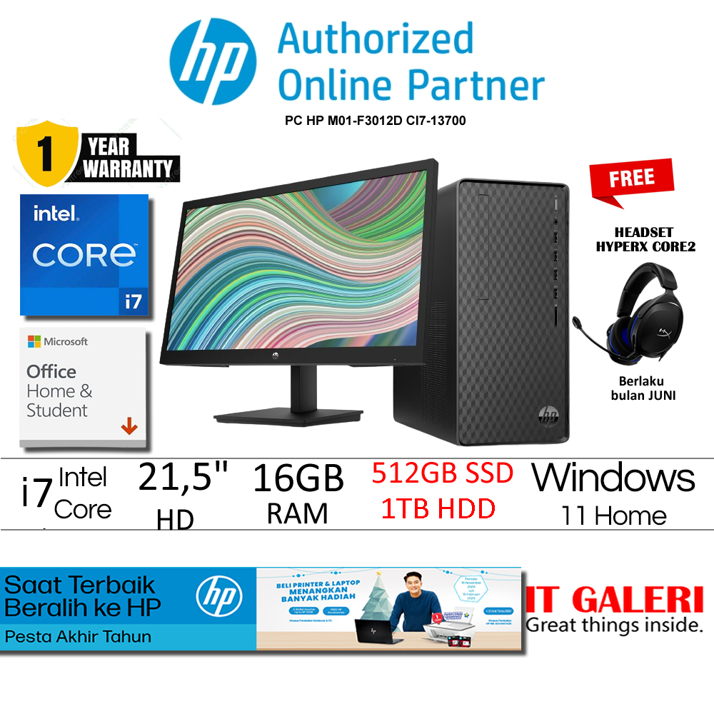 Jual {FREE HEADSET HYPERX} PC DESKTOP HP M01-F3012D Intel Core i7-13700/RAM 16GB/SSD 512GB + 1TB ...