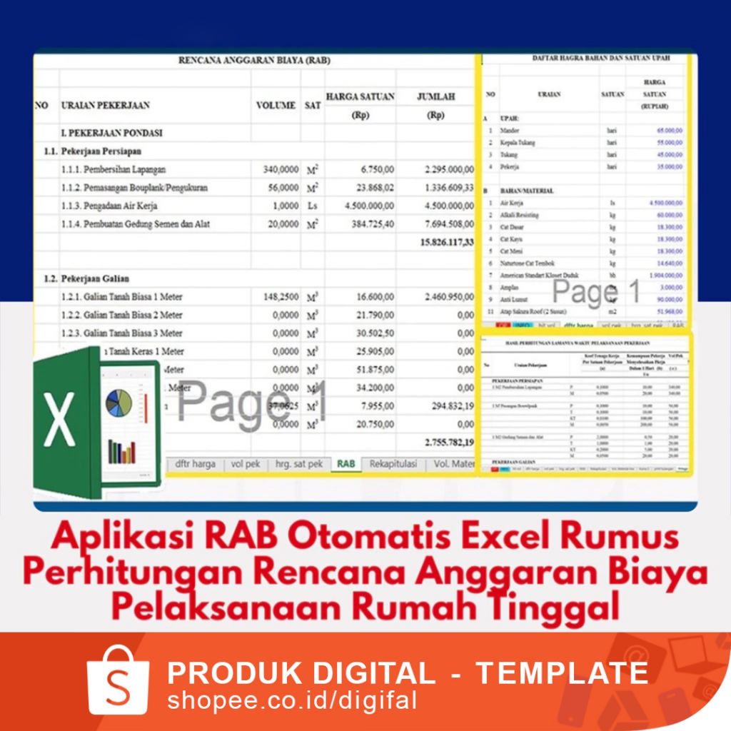 Jual Aplikasi RAB Otomatis Excel Rumus Perhitungan Rencana Anggaran Biaya Pelaksanaan Rumah ...