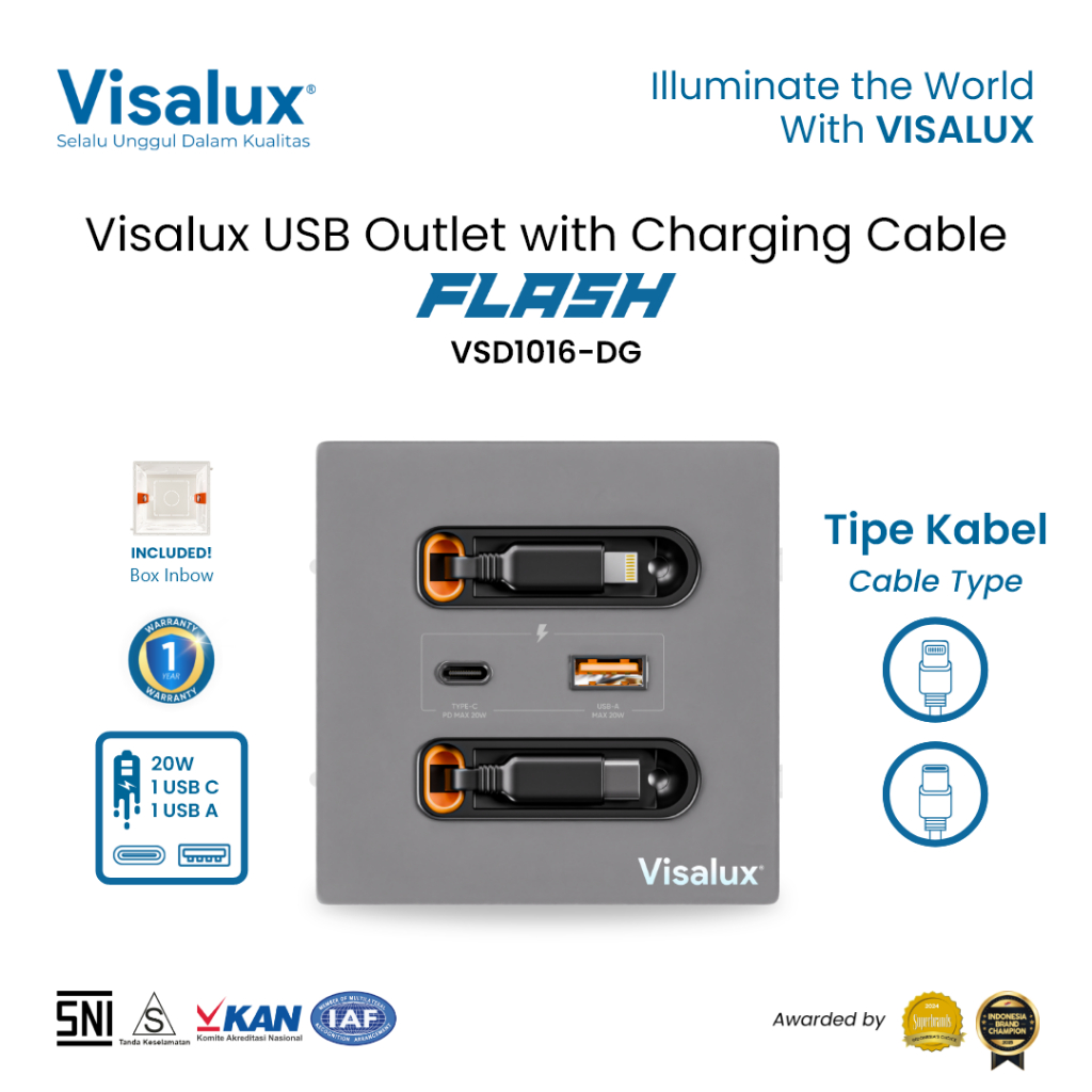 Jual Visalux Flash USB Outlet with Charging Cable (16A) USB C + USB A ...