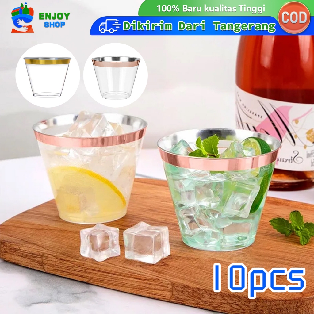 Jual Gelas Plastik Bening Sekali Pakai 10pcs Gelas Anggur Emas Party ...