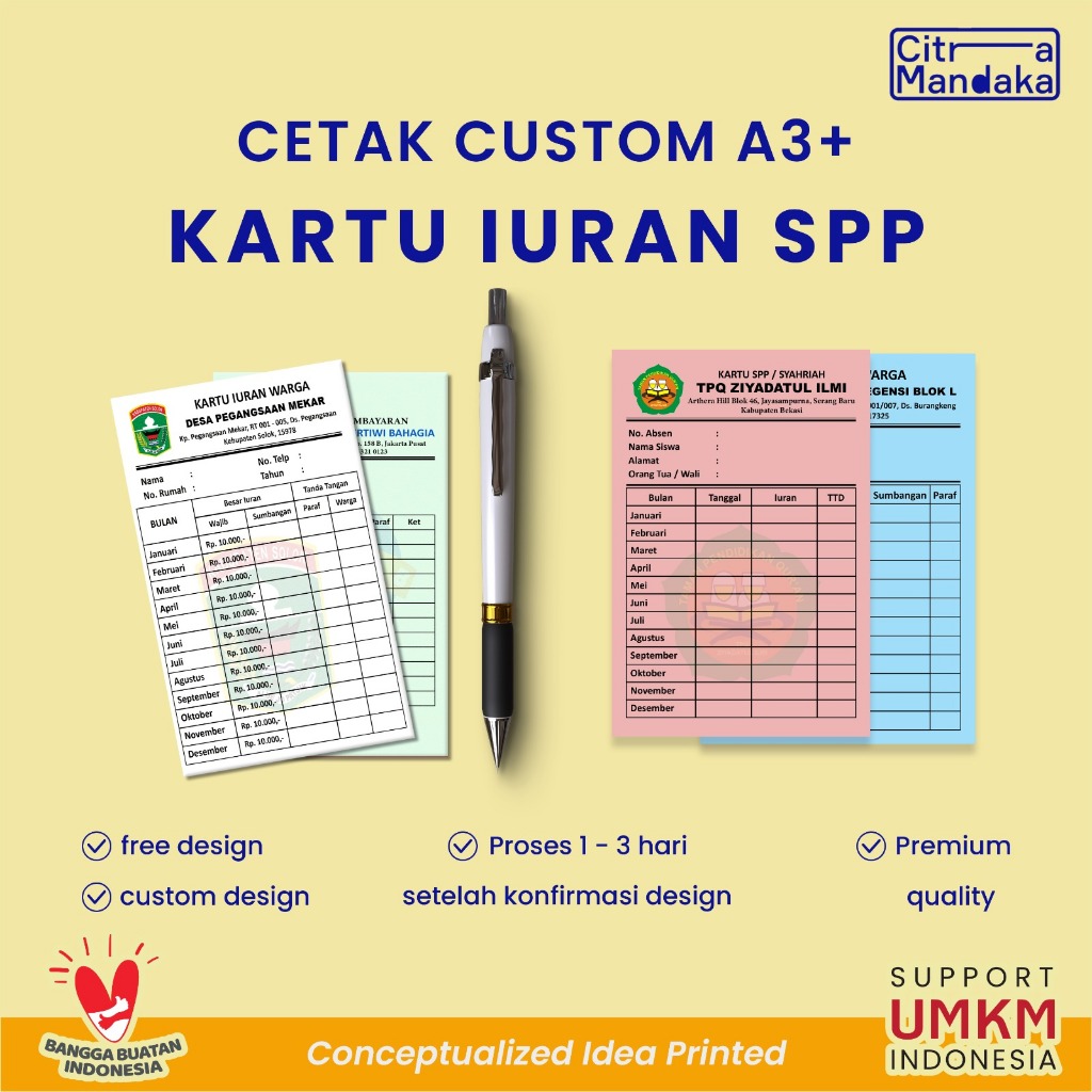 Jual Cetak Kartu Iuran Custom A3 | Infaq | Pembayaran Les | Kas | RT | Kartu Stock | Lembar ...