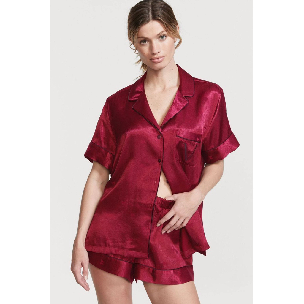 Jual Pajamas V-S Short Set Maroon | Shopee Indonesia