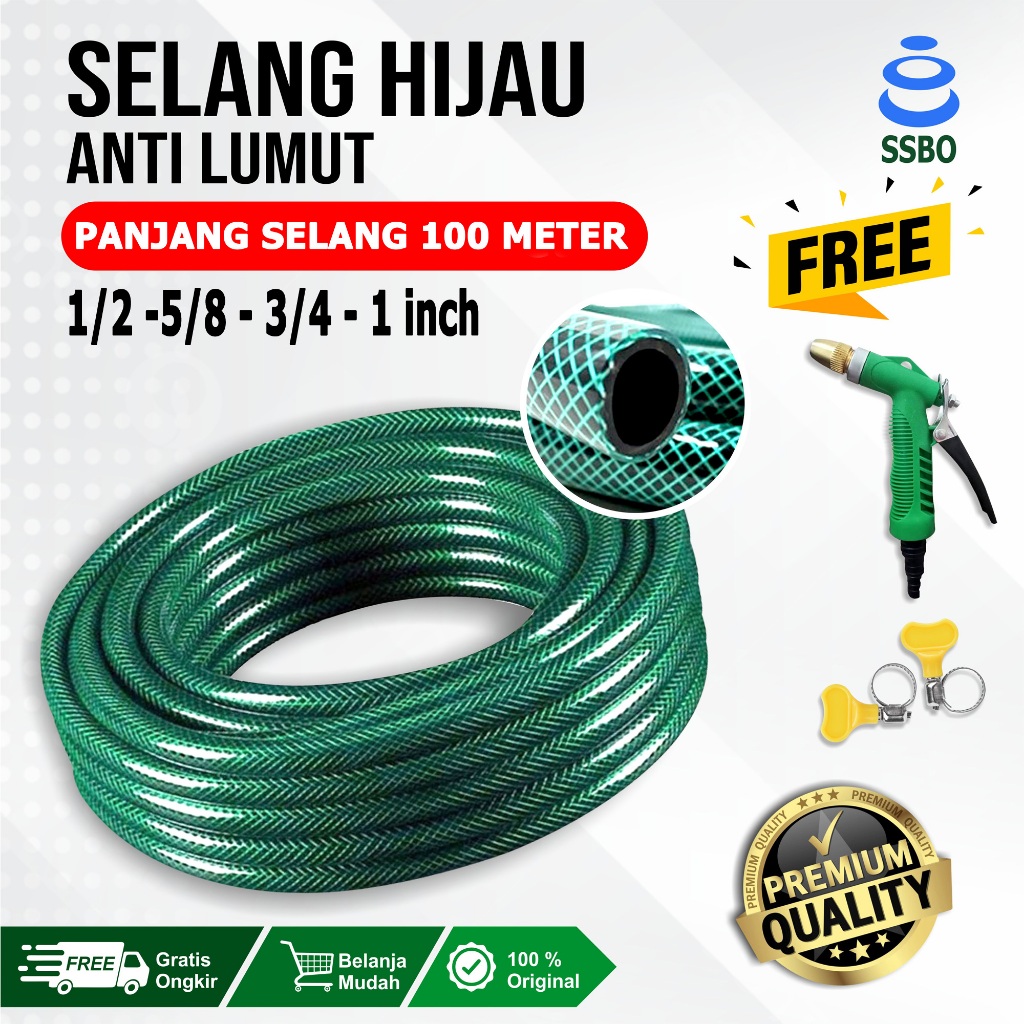 Jual SSBO Selang Air 1 Rol 100 Meter 1/2 5/8 3/4 Inch Selang Air HIjau Anti Lumut Tebal Anti ...