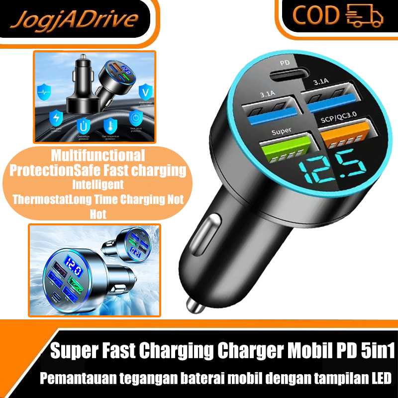 Jual Super Fast Charging Charger Mobil 5 Port Adaptor 66W PD QC3.1 Tipe ...