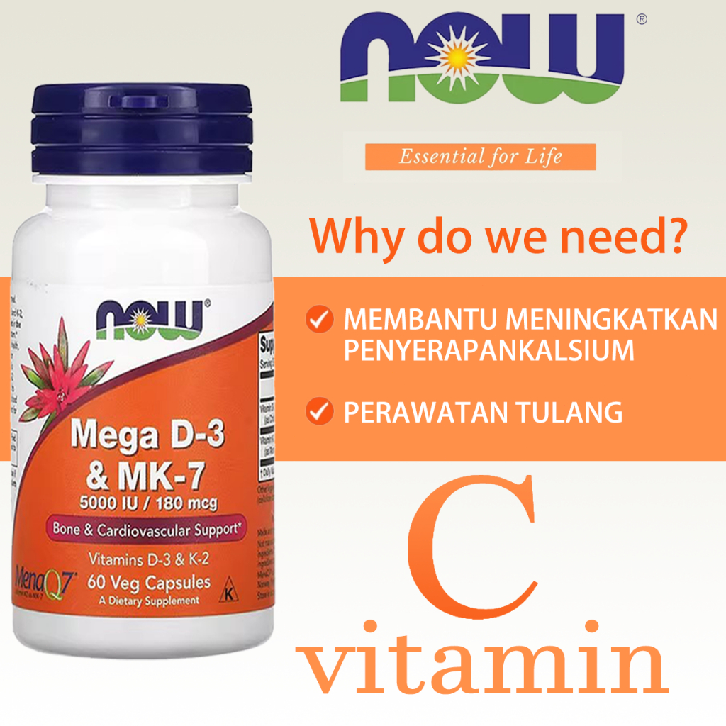 Jual Now Foods Vitamin Mega D3MK7 180 Mcg 5000 IU 60 Veg Capsules/ D-3 ...