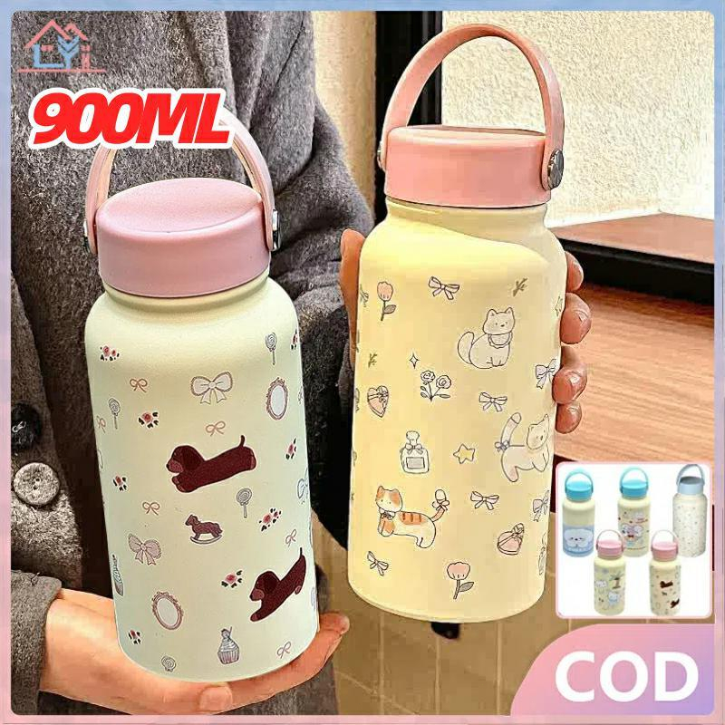 Jual 【Pengiriman Jakarta】900ML Thermos Bottle Handheld Vacuum Tumbler Cartoon Printed Wide Mouth ...