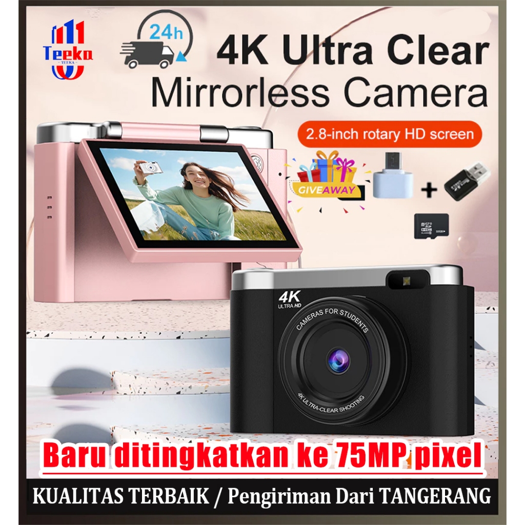 Jual 【Hadiah Natal】Original TEEKA 75MP Kamera Digital 4K Flip Screen 2. ...