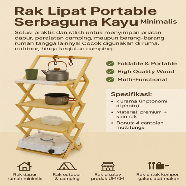 Jual Rak Lipat Portable Serbaguna Kayu Minimalis - Rak Camping Dapur ...