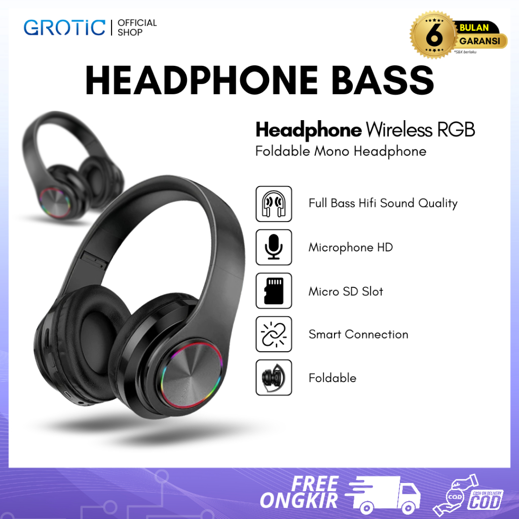 Jual GROTIC Headphone Bluetooth Bass Mono RGB Foldable B39 | Shopee ...