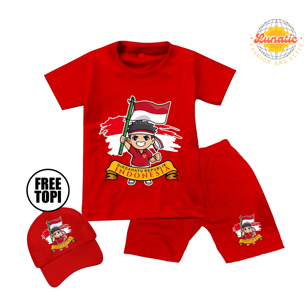 Jual EDISI TERBARU 2025 Topi + Setelan Pendek Anak Unisex KEMERDEKAAN ...