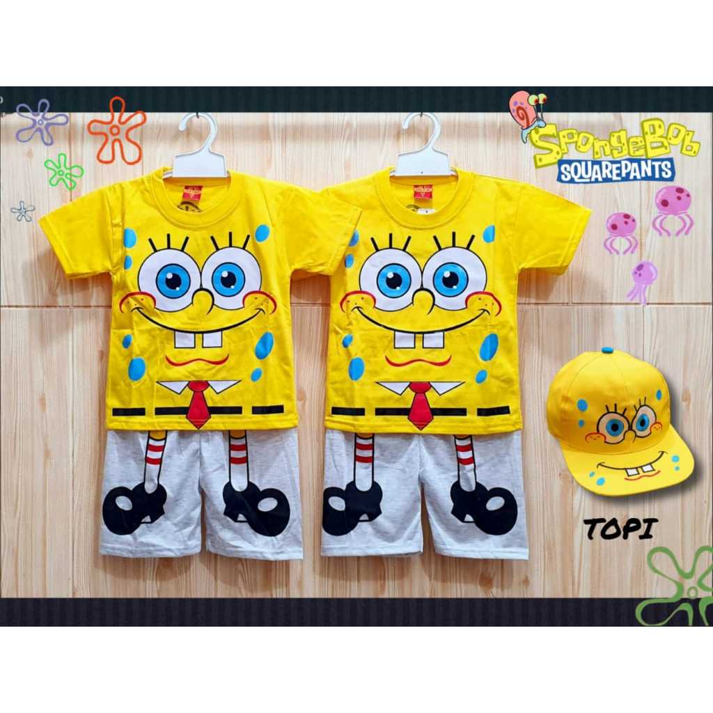 Jual SETELAN BAJU SPONGEBOB 1 SET TOPI BAJU KAOS SPONGBOB ANAK UNISEX ...