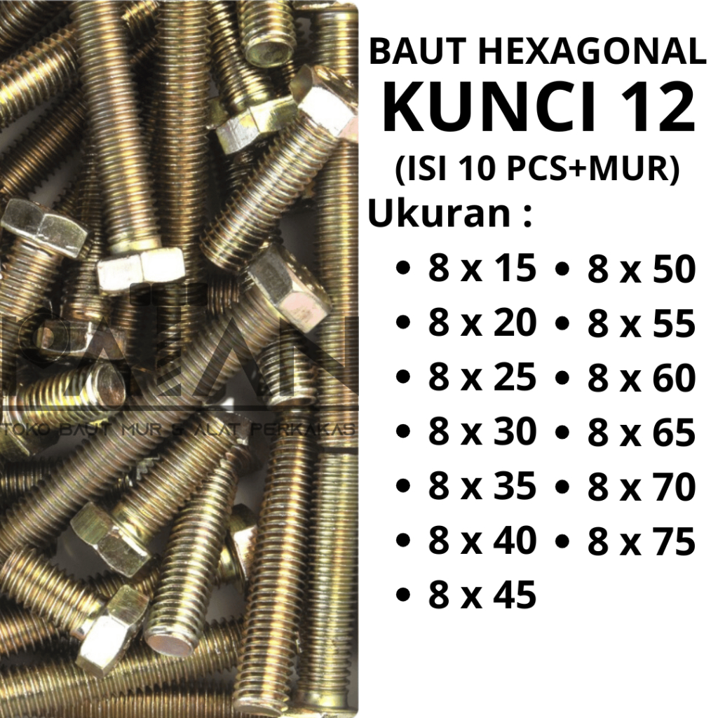 Jual [ISI 10 PCS] Baut dan Mur Besi M8 (Panjang 15-75) Kuning Kunci 12 ...