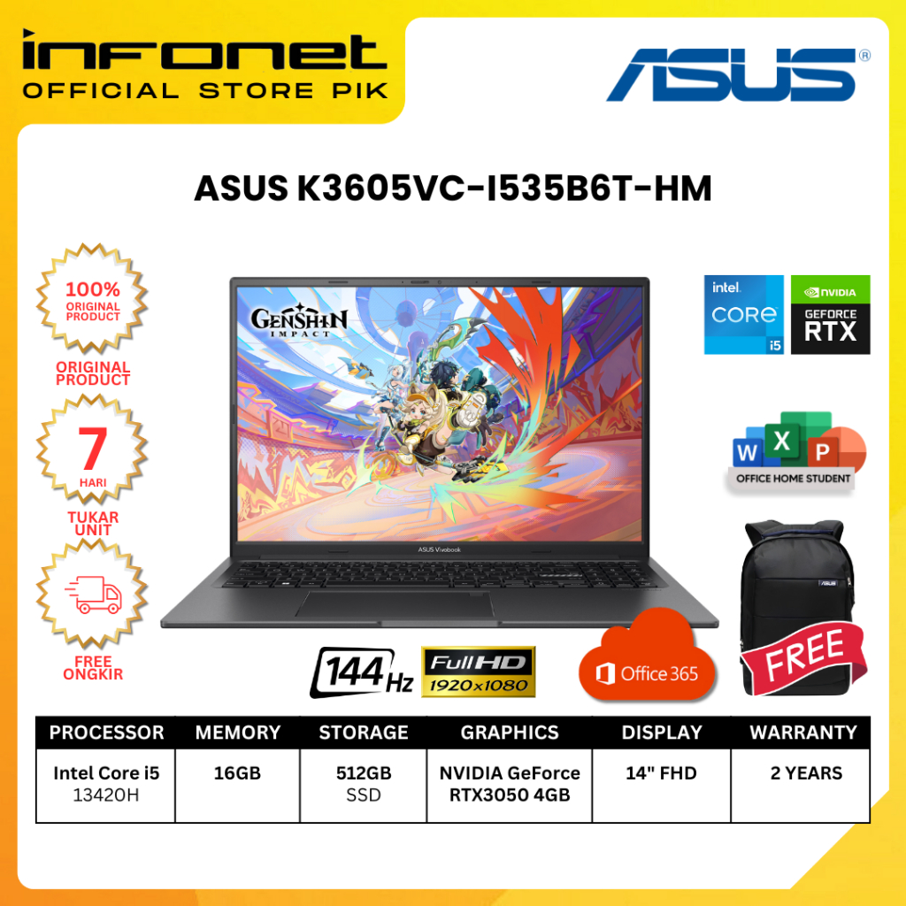 Jual ASUS GAMING K16 K3605VC-I535B6T-HM I5 13420H 16GB 512GB SSD RTX3050 14" FHD WIN11 OHS24 ...