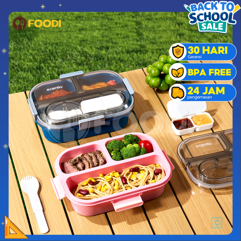 Jual Ecentio lunch box set 1100ml 2.0 Anti Tumpah sekat 3 dengan kotak sauce BPA free tempat ...