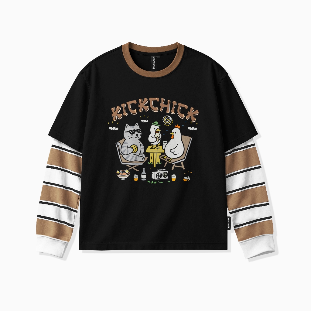 Jual Kickchick Doublesleeve Stripe Chill Feast Black Brown | Kaos ...