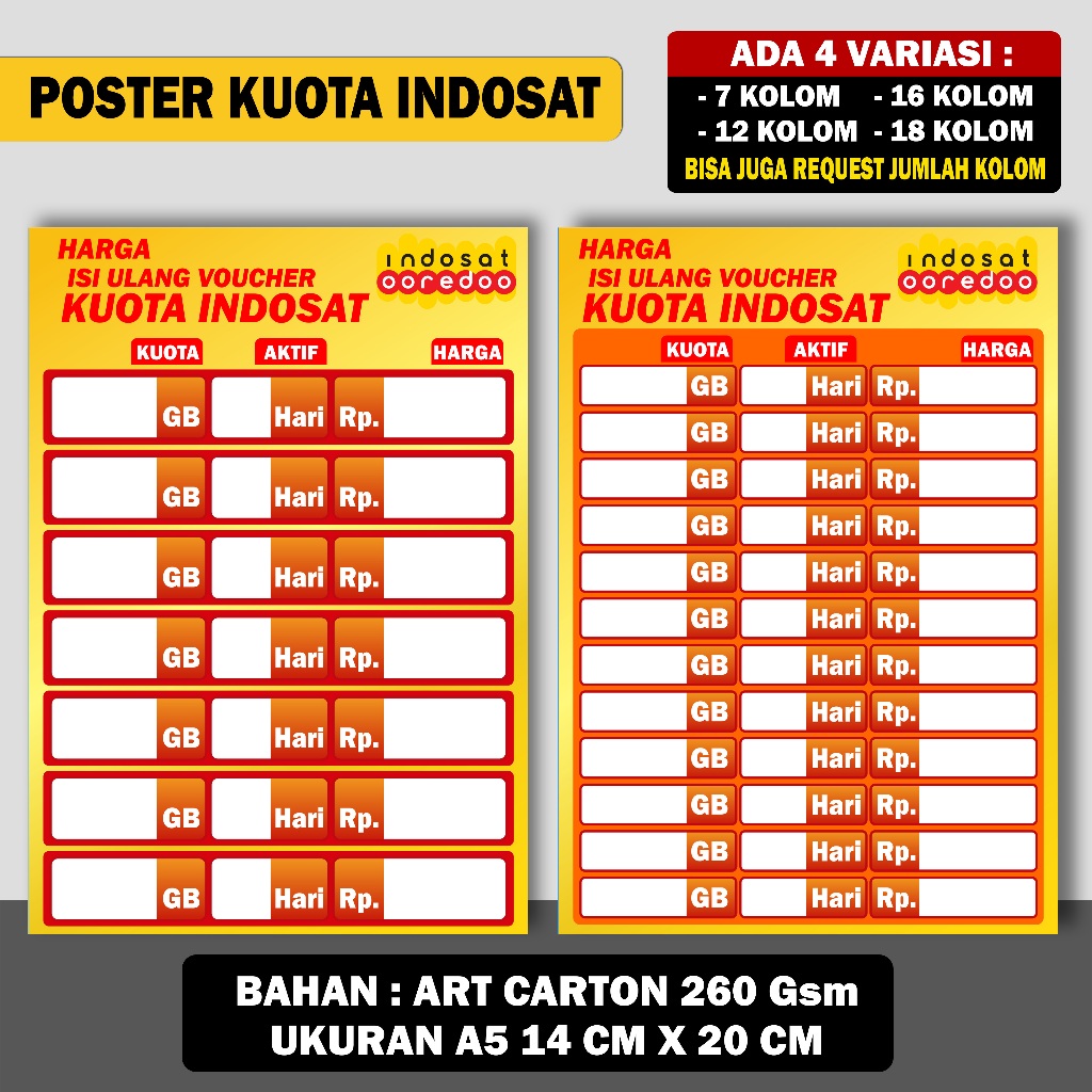 Jual POSTER KONTER DAFTAR HARGA ISI ULANG KUOTA VOUCHER INDOSAT (CUSTOM ...