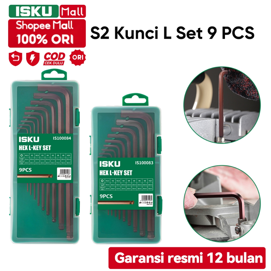 Jual ISKU Kunci L Set 9 Pcs S2 Steel Hex Key Set Ball Point Allen Key ...